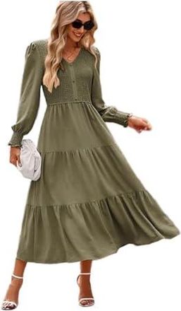 Kate Kasin Robe d&eacute;contract&eacute;e &agrave; manches longues pour femme - Col en V - Longueur maxi - Corsage smock&eacute; avec poches - Taille &eacute;lastique - Ligne A - Pour le travail 