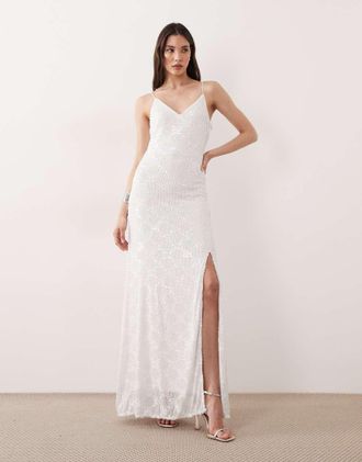 Vero Moda Robe textur&eacute;e longue &agrave; sequins &agrave; bretelles fines et d&eacute;tail nou&eacute; au dos - Blanc gard&eacute;nia