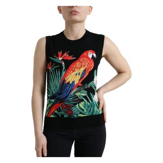 Dolce & Gabbana Femme, Tops, Noir, Taille: 34 FR D&eacute;bardeur en laine et soie brod&eacute; doiseaux