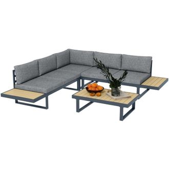 OUTSUNNY Salon de jardin dangle 5 places avec table basse coussins alu gris aspect bois
