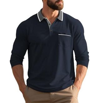 Generic Polo &agrave; manches longues pour homme avec poche en coton boutonn&eacute;e pour affaires et bureau - Pull d&eacute;contract&eacute; 2026, bleu marine, XXL
