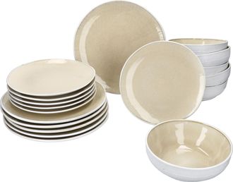 MamboCat Tzia 18-TLG. Tellerset I handgefertigtes Steingut-Geschirr in Vanille & Weiß I 6X Speiseteller, 6X Schalen, 6X Dessertteller I für 6 Personen