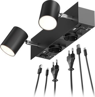 LEDs Com Wandspot WAIKA, 2-flammig, schwarz, Steckdosen, USB-C, USB-A, inkl. LED GU10 Lampen je 450lm, warmweiß