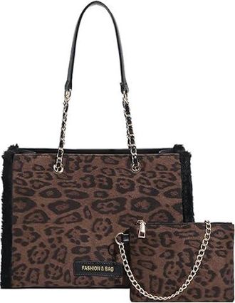 Generic Sac fourre-tout polyvalent en daim synth&eacute;tique imprim&eacute; l&eacute;opard avec fermeture &eacute;clair pour les sorties, caf&eacute;, 310*100*220mm