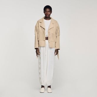 Sandro Blouson cuir su&egrave;de &agrave; franges