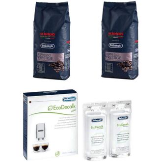 DeLonghi Ersatzteil - Paket mit 2 Packungen Kaffeebohnen kimbo Espresso Prestige 1KG und 1 Entkalker - Delonghi