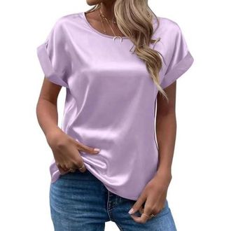 Generic Chemisier en satin de soie pour femme, col rond, manches courtes, tenue d&eacute;contract&eacute;e, haut &agrave; manches courtes, t-shirt &agrave; col rond, Violet., XXL