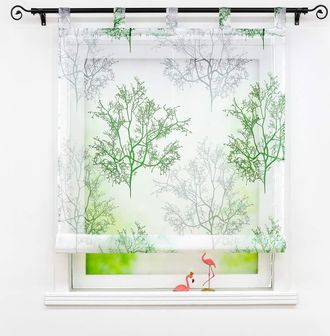 Joyswahl Voile Raffrollo mit Ästemotiv Druck transparente Raffgardine mit Schlaufen »Alexandra« Schals Fenster Gardine BxH 120x140cm Grün 1 Stück