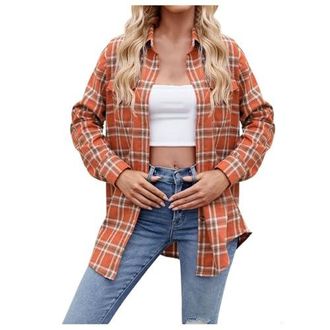 Generic T-shirt pour femme - Chemise classique boutonn&eacute;e en flanelle avec motif &agrave; carreaux, manches longues, surdimensionn&eacute;e, chemise daffaires d&eacute;contract&eacute;e, 