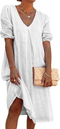 ORANDESIGNE Robe Femme Lin Ete Manche Courte Robe Tunique Chic Col V Fluide Décontractée Ample Couleur Unie T-Shirt Robe Midi De Plage A Blanche XXL