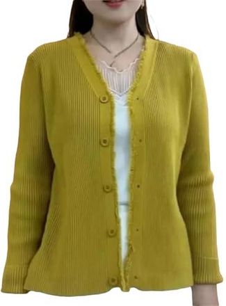 Generic Cardigan dhiver &agrave; manches longues en tricot avec col en V et boutons pour femme, jaune, Taille XL