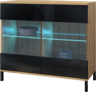 Vladon Kommode Bari V3, Moderner K&uuml;chenschrank mit 2 gro&szlig;en Glast&uuml;ren inkl. RGB Beleuchtung Eiche Evoke/Schwarz Hochglanz (92,5 x 83.5 x 35)