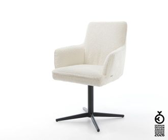 DELIFE Drehstuhl Heira-Flex mit Armlehnen Boucl&eacute; Wei&szlig; Fu&szlig;kreuz Schwarz 360&deg; drehbar Taschenfederkern, Esszimmerst&uuml;hle