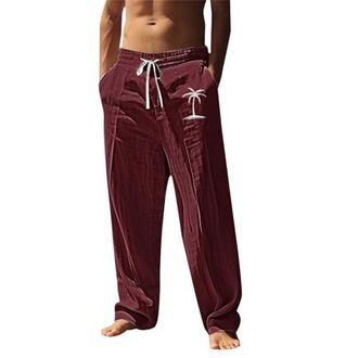 Generic Pantalon de plage pour homme - Taille &eacute;lastique - Style d&eacute;contract&eacute; - Imprim&eacute; cocotier - En lin - L&eacute;ger - Cordon de serrage - Jambe droite - Pantalon 