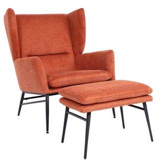 Mendler Lounge-Sessel mit Ottomane HWC-L62, Ohrensessel Polstersessel Cocktailsessel Hocker, Stoff/Textil - Terracotta-braun