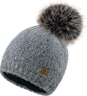 morefaz Bonnet dhiver en laine de mohair pour femme - Bonnet tricot&eacute; en laine de mouton avec doublure polaire et pompon, M