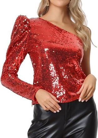 Allegra K Haut Paillette Femme Épaules Dénudées Asymétriques à Manches Longues Tops Sequins Chemise Scintillante Rouge L