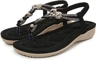 Generic Sandales bohème pour femme - Tongs romaines avec strass et bride arrière élastique - Chaussures dété plates pour la marche, la plage, la plage, les ch