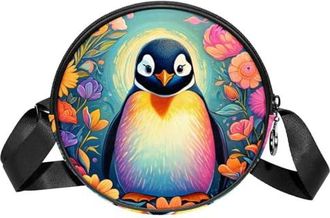 Generic Sac &agrave; bandouli&egrave;re rond pour femme, motif pingouin &agrave; dessin color&eacute;, petit sac &agrave; dos &agrave; bandouli&egrave;re avec fermeture &eacute;clair, bretelles r&eacute;glables, sac &agrave; mai