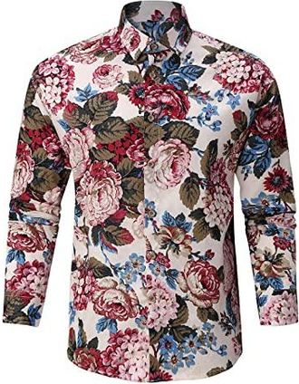 Generic Chemises &agrave; manches longues pour homme - Imprim&eacute; floral tropical hawa&iuml;en - Chemisier de plage - Chemise d&eacute;contract&eacute;e boutonn&eacute;e, T-shirt rouge &agrave; manches