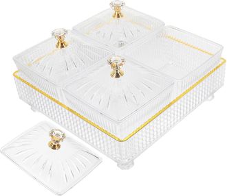Aboofan Snackteller mit Deckel 4 geteilt Transparente Snackschale aus Unbedenklichem Material f&uuml;r S&uuml;&szlig;igkeiten und Trockenfr&uuml;chte Multifunktionale Lebensmittel