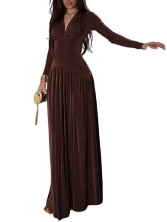 Generic Nouveau style dhiver &eacute;l&eacute;gant cintr&eacute; taille longue robe &agrave; manches longues mode velours brillant demoiselle dhonneur col en V robe longue ligne, marron,