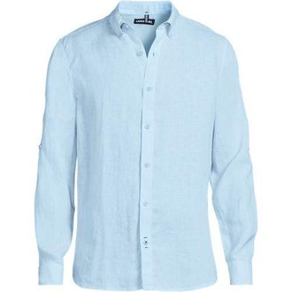 Lands End Leinenhemd mit Roll&auml;rmeln, Herren, Gr&ouml;&szlig;e:52-54 regular, Blau, Leinen, by Lands End