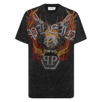 Philipp Plein Washed Kimono Cut T-Shirt Eagle Crystal - - Tops - Herren - Schwarzk - S