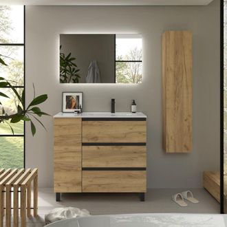 Cygnus Bath Meuble de salle de bain BEQUIA PLUS METAL 3C 90cm Ch&ecirc;ne Vasque Porcelaine Robinet &agrave; droite 1P