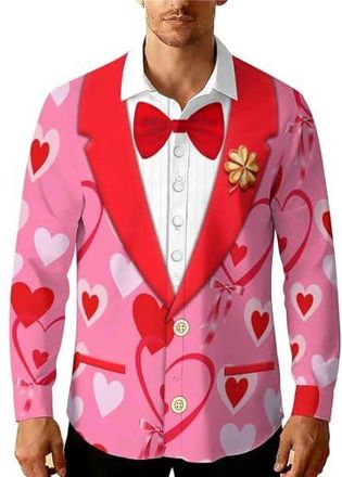 Generic Chemise &eacute;l&eacute;gante &agrave; manches longues pour homme avec boutonni&egrave;re, col &agrave; revers amusant &agrave; 3 graphiques pour homme, anthracite, rouge, L