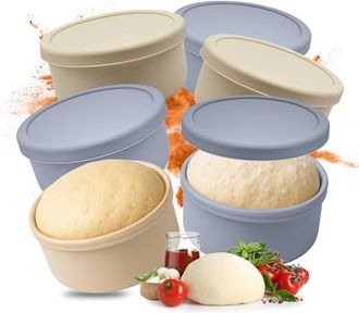 Relaxdays Pizzaballenbox, 6er Set, Silikon, bis 350 g Teig, HxD: 6,5 x 14,5 cm, Pizzateigbehälter mit Deckel, blau/beige