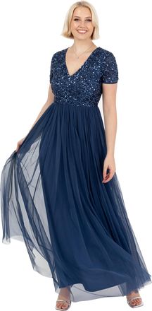 Maya Damen-Maxikleid mit V-Ausschnitt, verziert, V-Ausschnitt, Kurze Ärmel, Empire-Taille, Abschlussball, Abschlussfeier, Brautjungfer, Hochzeitsgast, Fren