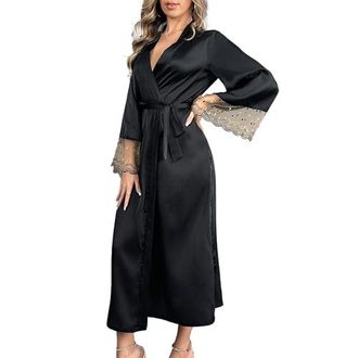 Generic Robe longue femme sexy, lingerie satinée, cardigan avec ceinture, finition dentelle, patchwork satiné, couleur unie, tenue maison tendance