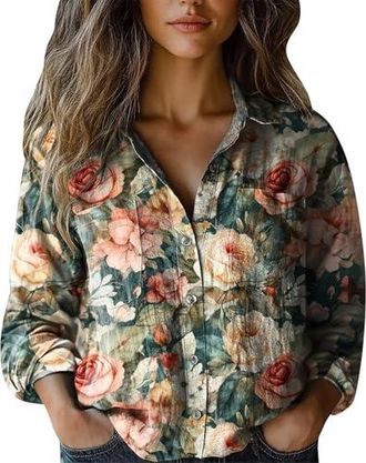 Generico Chemise Femme d&Eacute;t&eacute; D&eacute;contract&eacute; &agrave; Manches Longues Chemises en Lin Coton &Eacute;l&eacute;gant Respirant Blouse Col en V L&eacute;ger Chemisier Vintage Fantaisie avec Bouton