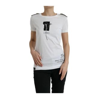 Dolce & Gabbana Rosenmuster Rundhals Baumwoll T-shirt - - Tops - Damen - Wei&szlig; - XS