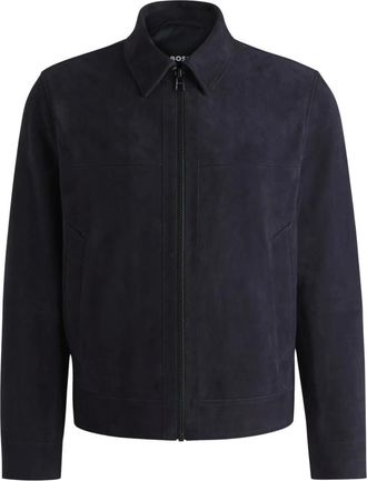 HUGO BOSS Homme, Vestes, Bleu, Taille: L Veste Regular zipp&eacute;e sur le devant en cuir su&eacute;d&eacute; doux