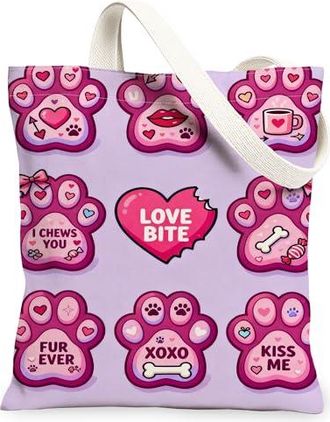 Generic Sac fourre-tout en toile avec imprim&eacute; de pattes, motif animal mignon, sacs d&eacute;picerie r&eacute;utilisables, pour la Saint-Valentin, adorable motif damour, l&eacute;g