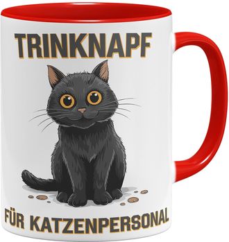 OM3 witzige Kaffee-Tasse mit Spruch - Trinknapf f&uuml;r Katzenpersonal - Katzenliebhaber Katze I - Keramik Becher - 325ml - Beidseitig Bedruckt - Rot