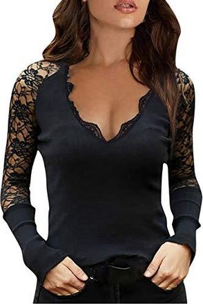 Onsoyours Femme Chemise Soie Chic Manche Longue T-Shirt Bureau Casual Col V Élégant Bureau Chemisier Couleur Unie Blouse Femme Mode Tee Top Haut Blouse B Noir X