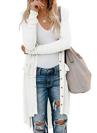ORANDESIGNE Femme Cardigan Manches Longues Veste avec Poches Tricot Gilets Long en Maille Outwear Automne Élégant Bouton Blouson Chic Manteau (A Beige, 36)