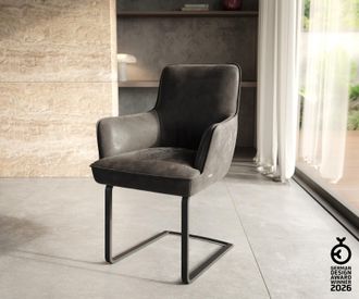 DELIFE Freischwinger Heira-Flex mit Armlehnen Mikrofaser Anthrazit Vintage Freischwinger flach Schwarz Taschenfederkern, Esszimmerst&uuml;hle