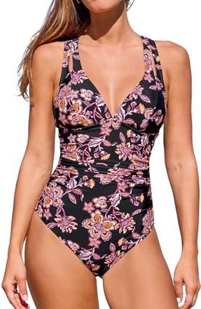 Cupshe Maillot de bain femme, col en V, gainant, double bretelles, dos crois&eacute;, une pi&egrave;ce, L