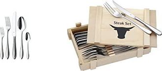 WMF Verona Besteckset 6 Personen, 30 teilig, Monobloc-Messer, Cromargan Edelstahl poliert, glänzend & Steakbesteck 12-teilig Steakgabel Steakmesser für 6 