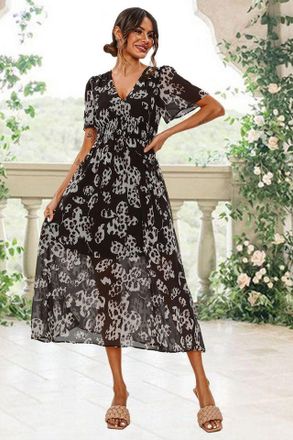 FS Collection Sommerkleid Damen Midikleid Sommerkleid Freizeitkleid V-Ausschnitt Geraffte Taille, flie&szlig;ender Stoff, femininer Schnitt