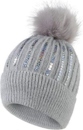 Generic M&uuml;Tze Bonnet dhiver pour femme avec pompon en fourrure synth&eacute;tique et bandes &agrave; paillettes pour femme et adolescente, 01 gris, taille unique