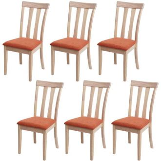 Hhg 6x chaise de salle &agrave; manger HHG-525 tissu/textile bois massif, cadre naturel, orange