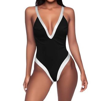 Generic Maillot de bain une pi&egrave;ce pour femme - Push Up - Grande taille - Monokini dos nu - Contr&ocirc;le du ventre - Couleur unie - Maillot de bain de vacances - V