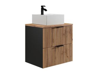 Vente-Unique Waschtischunterschrank h&auml;ngend mit Rillenoptik und quadratischem Aufsatzwaschbecken - Heller Naturton und Schwarz - 60 cm - MADELA