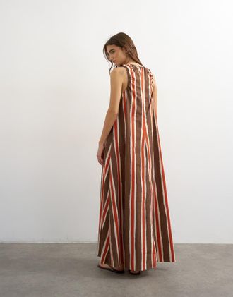 Topshop Gestreiftes Maxi-Sommerkleid aus Baumwoll-Popeline in Schokobraun und Rot mit gerafftem Ausschnitt