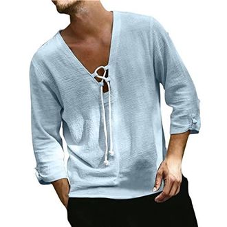 Generic Chemise en lin pour hommes coupe ajust&eacute;e manches longues : chemise d&eacute;t&eacute; avec cordon de serrage chemise de plage col en V chemise en lin respirante che